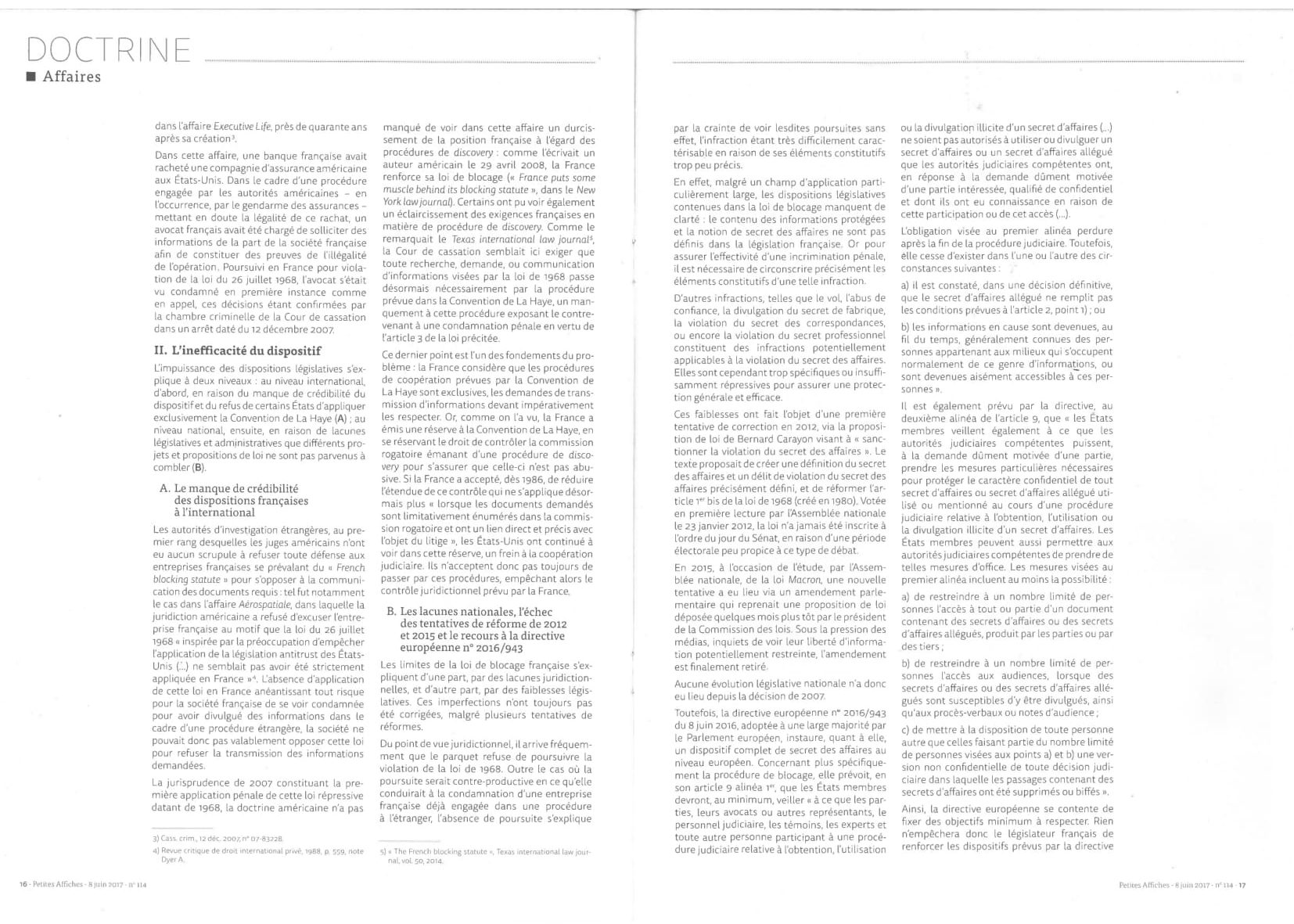 Secret des affaires des sociétés françaises vs au discovery américain